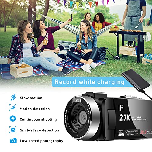 ZOLAMENTE Video Camera, Camcorder 2.7K 30FPS, 16x Digital Zoom YouTube Camera, Infrared IR Night Vision Camcorder Camera, 3.0" 270° Rotating Screen LED Vlogging Camera