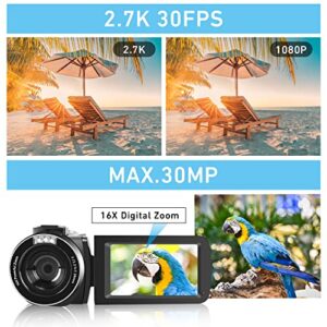 ZOLAMENTE Video Camera, Camcorder 2.7K 30FPS, 16x Digital Zoom YouTube Camera, Infrared IR Night Vision Camcorder Camera, 3.0" 270° Rotating Screen LED Vlogging Camera