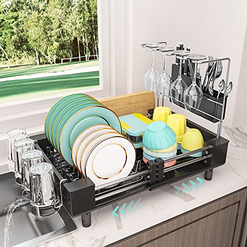 Ozera Dish Rack, Expandable Drying Rack with Drainboard, Stainless Steel Large Racks for Kitchen Counter, Detachable Set Dishes Utensils Holder and Cup Holders, Black (SN-LSJ01)