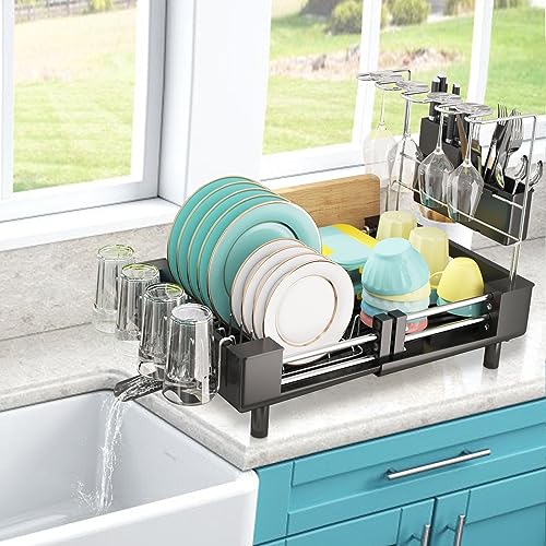 Ozera Dish Rack, Expandable Drying Rack with Drainboard, Stainless Steel Large Racks for Kitchen Counter, Detachable Set Dishes Utensils Holder and Cup Holders, Black (SN-LSJ01)