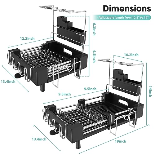 Ozera Dish Rack, Expandable Drying Rack with Drainboard, Stainless Steel Large Racks for Kitchen Counter, Detachable Set Dishes Utensils Holder and Cup Holders, Black (SN-LSJ01)