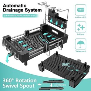 Ozera Dish Rack, Expandable Drying Rack with Drainboard, Stainless Steel Large Racks for Kitchen Counter, Detachable Set Dishes Utensils Holder and Cup Holders, Black (SN-LSJ01)