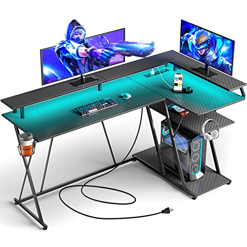 SEVEN WARRIOR L Shaped Gaming Desk with LED Lights & Power Outlets, 55” Reversible Corner Desk with Storage Shelf, Computer Desk with Monitor Stand, Gaming Table with Cup Holder, with Hooks, Black