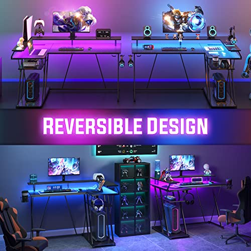 SEVEN WARRIOR L Shaped Gaming Desk with LED Lights & Power Outlets, 55” Reversible Corner Desk with Storage Shelf, Computer Desk with Monitor Stand, Gaming Table with Cup Holder, with Hooks, Black