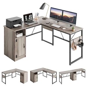 bestier l shaped desk with file cabinet reversible computer desk 60'' corner desks modern long desk 2 people home office desk study workstation table(wash grey)