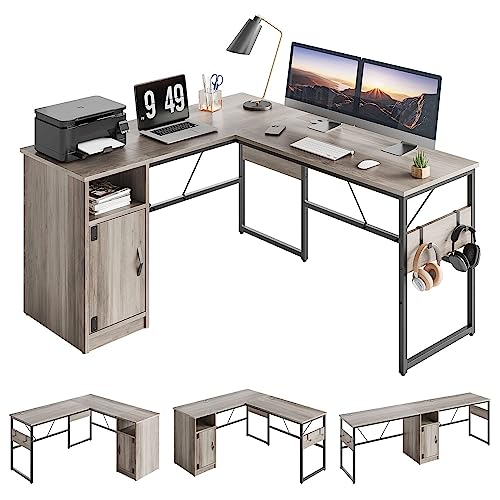 Bestier L Shaped Desk with File Cabinet Reversible Computer Desk 60'' Corner Desks Modern Long Desk 2 People Home Office Desk Study Workstation Table(Wash Grey)