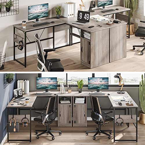 Bestier L Shaped Desk with File Cabinet Reversible Computer Desk 60'' Corner Desks Modern Long Desk 2 People Home Office Desk Study Workstation Table(Wash Grey)