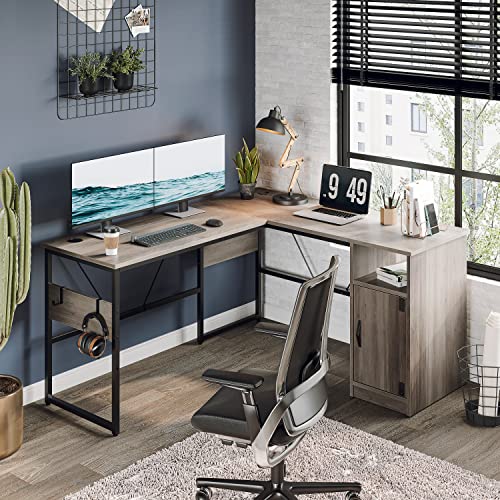 Bestier L Shaped Desk with File Cabinet Reversible Computer Desk 60'' Corner Desks Modern Long Desk 2 People Home Office Desk Study Workstation Table(Wash Grey)