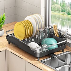 pxrack dish drying rack, expandable(11.5"-19.3") dish rack for kitchen counter, dish rack and drainboard set, dish drainer with utensil holder for kitchen sink, black