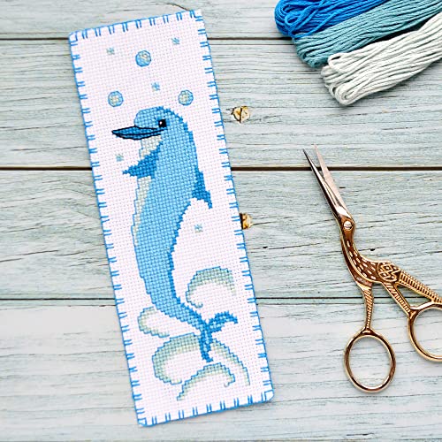 Dolphin Counted Cross Stitch Bookmark Kit for Adults - DIY Embroidery Book Marker Set with Paper Pattern, 16 Count Aida Canvas and Pre-Sorted Floss