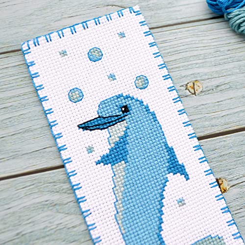 Dolphin Counted Cross Stitch Bookmark Kit for Adults - DIY Embroidery Book Marker Set with Paper Pattern, 16 Count Aida Canvas and Pre-Sorted Floss