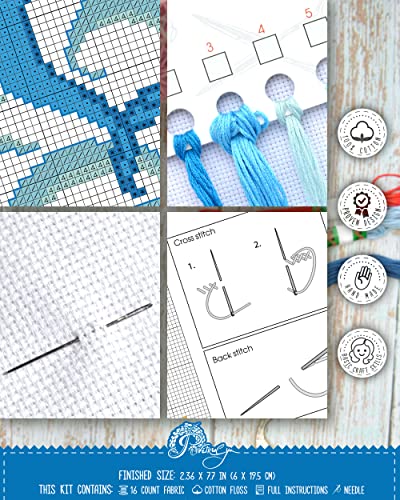 Dolphin Counted Cross Stitch Bookmark Kit for Adults - DIY Embroidery Book Marker Set with Paper Pattern, 16 Count Aida Canvas and Pre-Sorted Floss