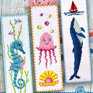 Dolphin Counted Cross Stitch Bookmark Kit for Adults - DIY Embroidery Book Marker Set with Paper Pattern, 16 Count Aida Canvas and Pre-Sorted Floss