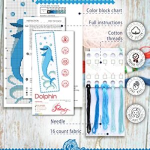 Dolphin Counted Cross Stitch Bookmark Kit for Adults - DIY Embroidery Book Marker Set with Paper Pattern, 16 Count Aida Canvas and Pre-Sorted Floss