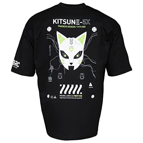 Fabric of the Universe Techwear Graphic Cyberpunk Fashion T-Shirt (Black Kitsune-5X, Medium)