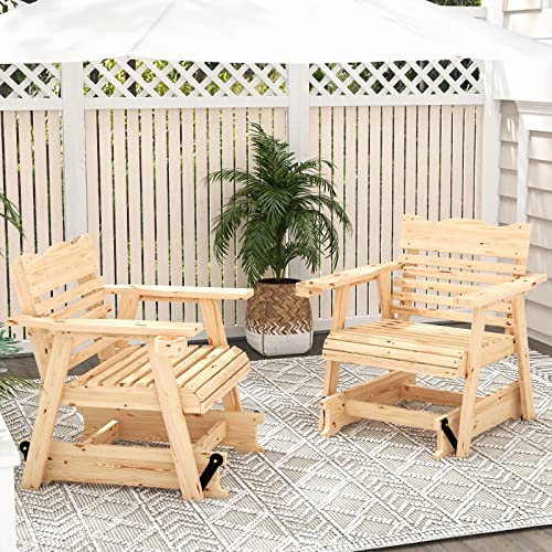 Giantex Outdoor Glider Rocking Chair - Wood Porch Rocker with High Back, Widened Armrests, Curved Seat, Rotatable Cup Holder, Patio Slat Rocking Chair for Backyard, Balcony, Poolside, Natural