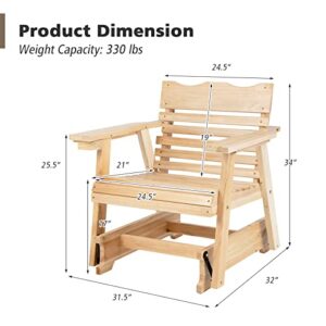 Giantex Outdoor Glider Rocking Chair - Wood Porch Rocker with High Back, Widened Armrests, Curved Seat, Rotatable Cup Holder, Patio Slat Rocking Chair for Backyard, Balcony, Poolside, Natural