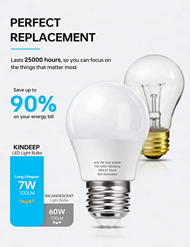 KINDEEP A15 Refrigerator LED Bulbs 60 Watt Equivalent, 7W Light Bulb Daylight White 5000K, 700LM for Appliance Fridge Light Bulb, Ceiling Fan, Waterproof, Non-Dim, E26 Base, 2 Pack