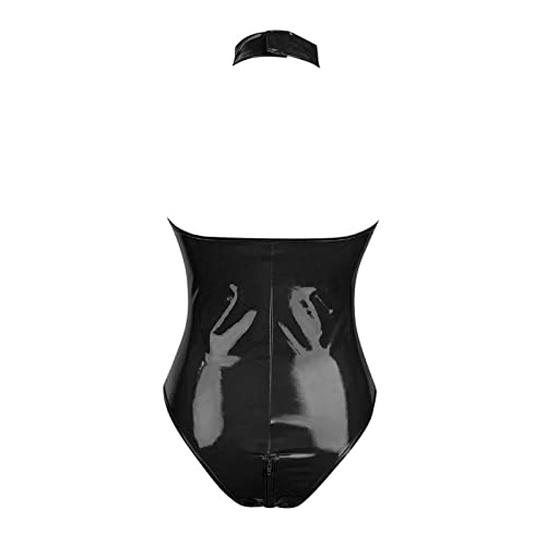 Sexy Women's Wetlook Lingerie PVC Leather Mesh Patchwork Bra Plus Size One Piece Teddy Halter Neck Bodysuit Leotard Clubwear