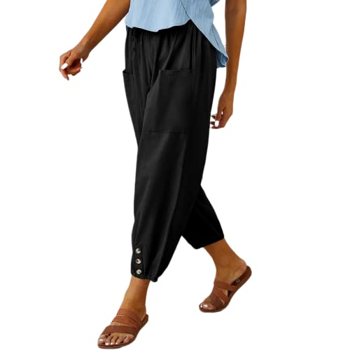 Womens Casual Capri Pants Elastic Waist Drawstring Summer Lounge Baggy Trousers Cinch Bottom Lantern Ankle Pants with Pockets