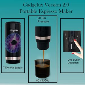 Gadgelux Portable Espresso Machine, Upgraded V2, 20 Bar, Compatible with NS Capsule & Ground Coffee, Rechargeable Car Coffee Maker, Self-Heating, Travel Coffee Maker, Camping, Hiking, Coffee Gifts