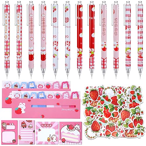 497 Pcs Kawaii School Supplies Cute Pens Retractable Black Ink Kawaii Bunny Index Sticker Cute Pink Sticky Notes Strawberry Stickers Cute School Stationery Set Supplies for Girls Kids