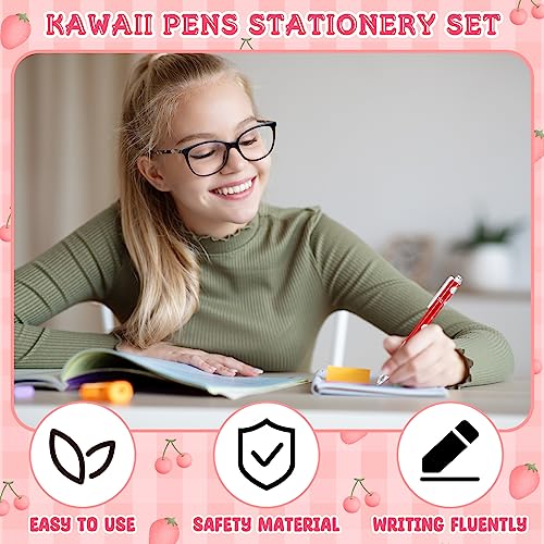 497 Pcs Kawaii School Supplies Cute Pens Retractable Black Ink Kawaii Bunny Index Sticker Cute Pink Sticky Notes Strawberry Stickers Cute School Stationery Set Supplies for Girls Kids