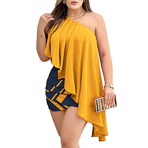 Dresses for Women 2023 Elegant One Shoulder Short Sleeve Sequin Wrap Bodycon Ruched Irregular Fashion Sexy Sun 2023 Summer Sequin Cut Out Cocktail Wedding Dresses Yellow XL