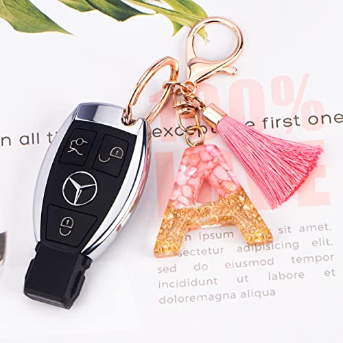 Suweibuke Cute Pink Key Chains for Women Girls, Initial Letter Keychains with Tassel, Charms for Key Purse Handbags Backpacks (Pink-A)