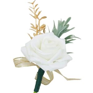 DESUNESS Ivory Rose Wrist Corsage Wristlet Band Bracelet and Men Boutonniere Set with Dark Green Ribbin for White Wedding Flower Accessories Prom Suit Decorations