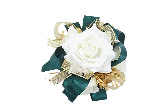 DESUNESS Ivory Rose Wrist Corsage Wristlet Band Bracelet and Men Boutonniere Set with Dark Green Ribbin for White Wedding Flower Accessories Prom Suit Decorations