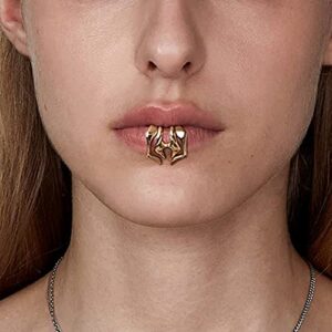 L'VOW Cyber-punk Liquid Fake Lip Ring for Women Men Party Hollow Copper Lip Cuff Body Jewelry Cyborg Accessories(Gold)