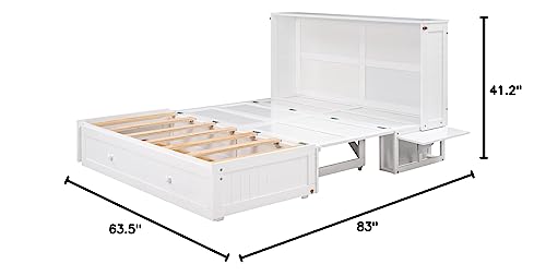 Queen Cube Cabinet Bed Space-Saving Murphy Bed with Drawer and Side Shelves for Multipurpose Guest Room or Home Office