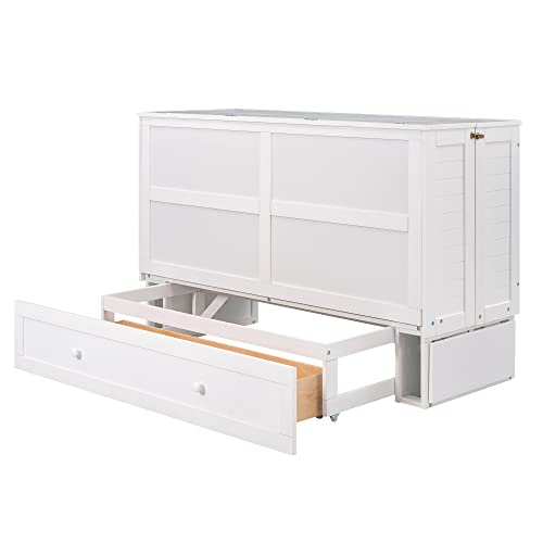 Queen Cube Cabinet Bed Space-Saving Murphy Bed with Drawer and Side Shelves for Multipurpose Guest Room or Home Office