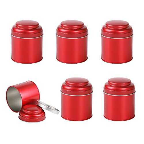 Fvstar 6pcs Loose Leaf Tea Canister with Airtight Double Lids,8 OZ Round Tin Can Box,Mini Kitchen Canisters Containers for Tea,Coffee,Sugar,Loose Leaf,Candy,Herbs and Spices Storage (Red)