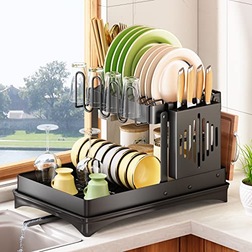 Dish Drying Rack, Two Tier Dish Drying Rack Foldable Dish Racks for Kitchen Counter with Utensil Holder - Large Dish Drying Rack with Drainboard - Rustproof Dish Drainers for Kitchen Counter Dish Rack