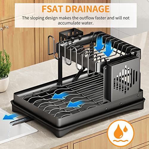 Dish Drying Rack, Two Tier Dish Drying Rack Foldable Dish Racks for Kitchen Counter with Utensil Holder - Large Dish Drying Rack with Drainboard - Rustproof Dish Drainers for Kitchen Counter Dish Rack