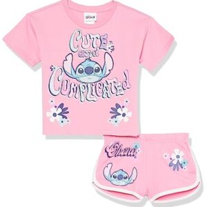 Disney Girls Lilo Stitch French Terry - 4-16 Tee & Short Set, Pink, 7-8 US