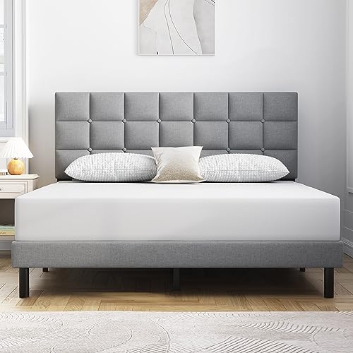 Molblly Queen Bed Frame Upholstered Platform with Headboard and Strong Wooden Slats,Non-Slip and Noise-Free,No Box Spring Needed, Easy Assembly,Light Gray