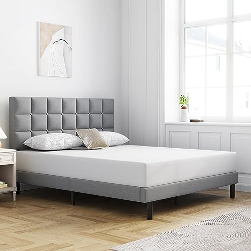 Molblly Queen Bed Frame Upholstered Platform with Headboard and Strong Wooden Slats,Non-Slip and Noise-Free,No Box Spring Needed, Easy Assembly,Light Gray