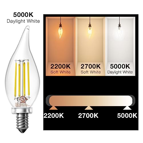 DAYBETTER E12 Candelabra Light Bulbs 60 Watt Equivalent, Dimmable LED Light Bulb Daylight White 5000K, Clear Filament Chandelier Light Bulbs 5.5W 600lm CA11 LED Bulbs, Ceiling Fan Light Bulbs, 5 Pack