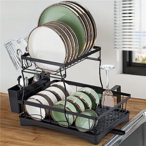 dish drying rack, dish rack for kitchen counter, over sink dish drying rack with drain board, 2-tier large capacity dish drainer organizer shelf with utensil holder, wine glass holder - black