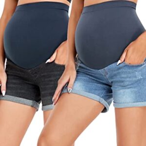 HOFISH Women's Over The Belly Maternity Shorts Support Pregnancy Shorts Breathable Jeans Shorts LightBlue+Black L