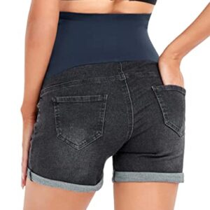 HOFISH Women's Over The Belly Maternity Shorts Support Pregnancy Shorts Breathable Jeans Shorts LightBlue+Black L