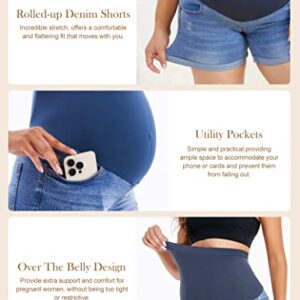 HOFISH Women's Over The Belly Maternity Shorts Support Pregnancy Shorts Breathable Jeans Shorts LightBlue+Black L