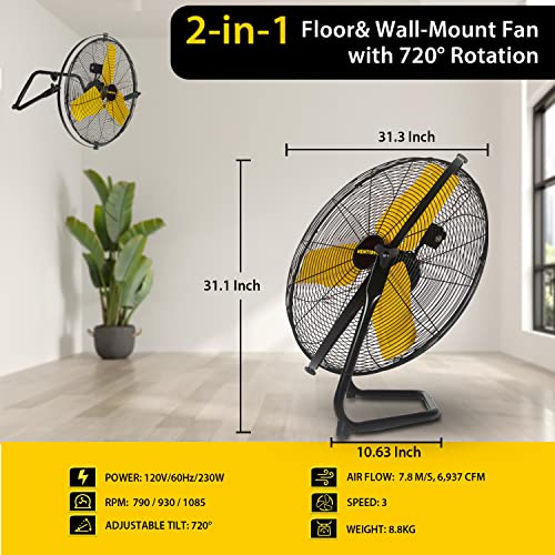 VENTISOL 24 Inch 2-in-1 High Velocity Floor or Wall Mounted Fan 6,937 CFM Orbital Metal Fan with 720° Tilting,3-Speed for Commercial,Residential,Industrial,Factory.Garage,Greenhouse,Basement