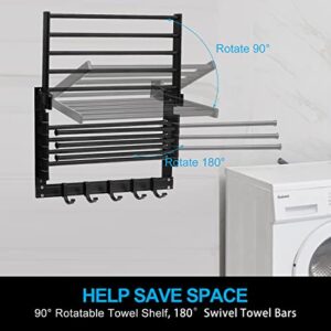 JHWKJS Laundry Clothes Drying Rack Wall Mounted, Foldable Wash Clothing Drying Racks for Laundry Room Organization with Swivel Towel Bars, Hooks for Bathroom, Laundry Room (Black-15.7in)