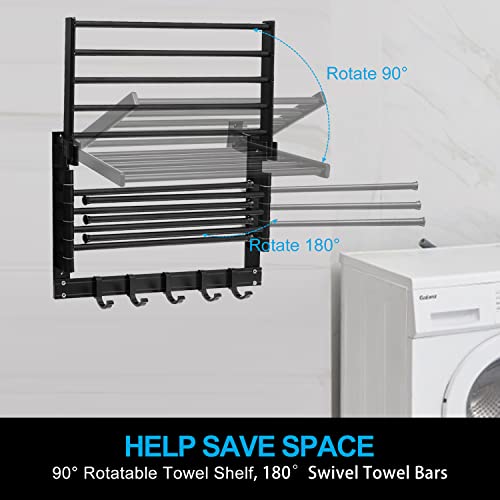 JHWKJS Laundry Clothes Drying Rack Wall Mounted, Foldable Wash Clothing Drying Racks for Laundry Room Organization with Swivel Towel Bars, Hooks for Bathroom, Laundry Room (Black-15.7in)