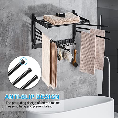 JHWKJS Laundry Clothes Drying Rack Wall Mounted, Foldable Wash Clothing Drying Racks for Laundry Room Organization with Swivel Towel Bars, Hooks for Bathroom, Laundry Room (Black-15.7in)