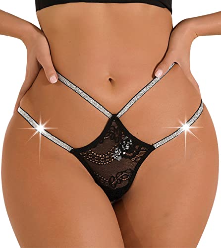 Banamic Women's Glitter Thong Strappy Lace Underwear Panties